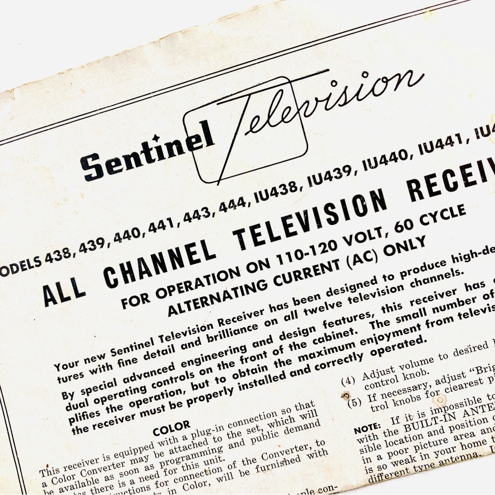 Sentinel Television Model Guide Vintage Manual - Gem